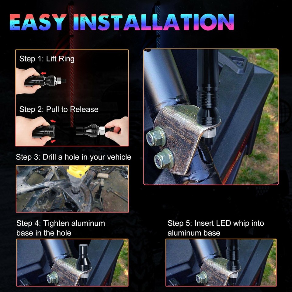 2X 3ft Lighted Spiral LED Whip Antenna w/Flag + 4 Pods RGB Rock Lights ...