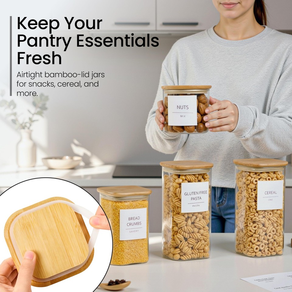 Square Glass Food Storage Containers - Airtight & Labeled Glass Kitchen ...