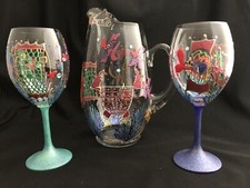 8pcs Vintage Hand Painted Smithereens Glass Signed Vikki Wine Goblets ...