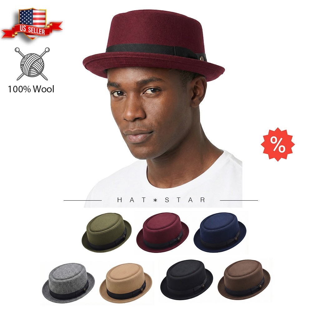 Round Shape Wool Fedora Hat w/Grosgrain Band Classic Pork Pie Stingy ...