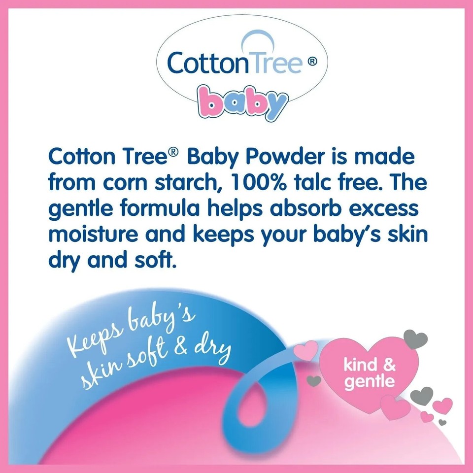 3 x COTTON TREE BABY BODY POWDER 280G 100% TALC FREE ABSORBS MOISTURE ...