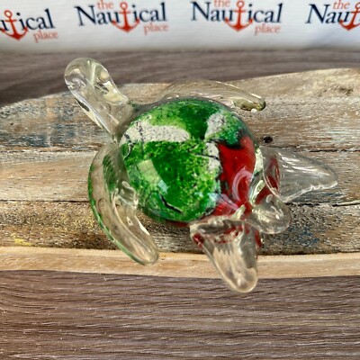 5" Glass Sea Turtle Figurine - Clear w/ Red & Green Accents, Hand Blown ...