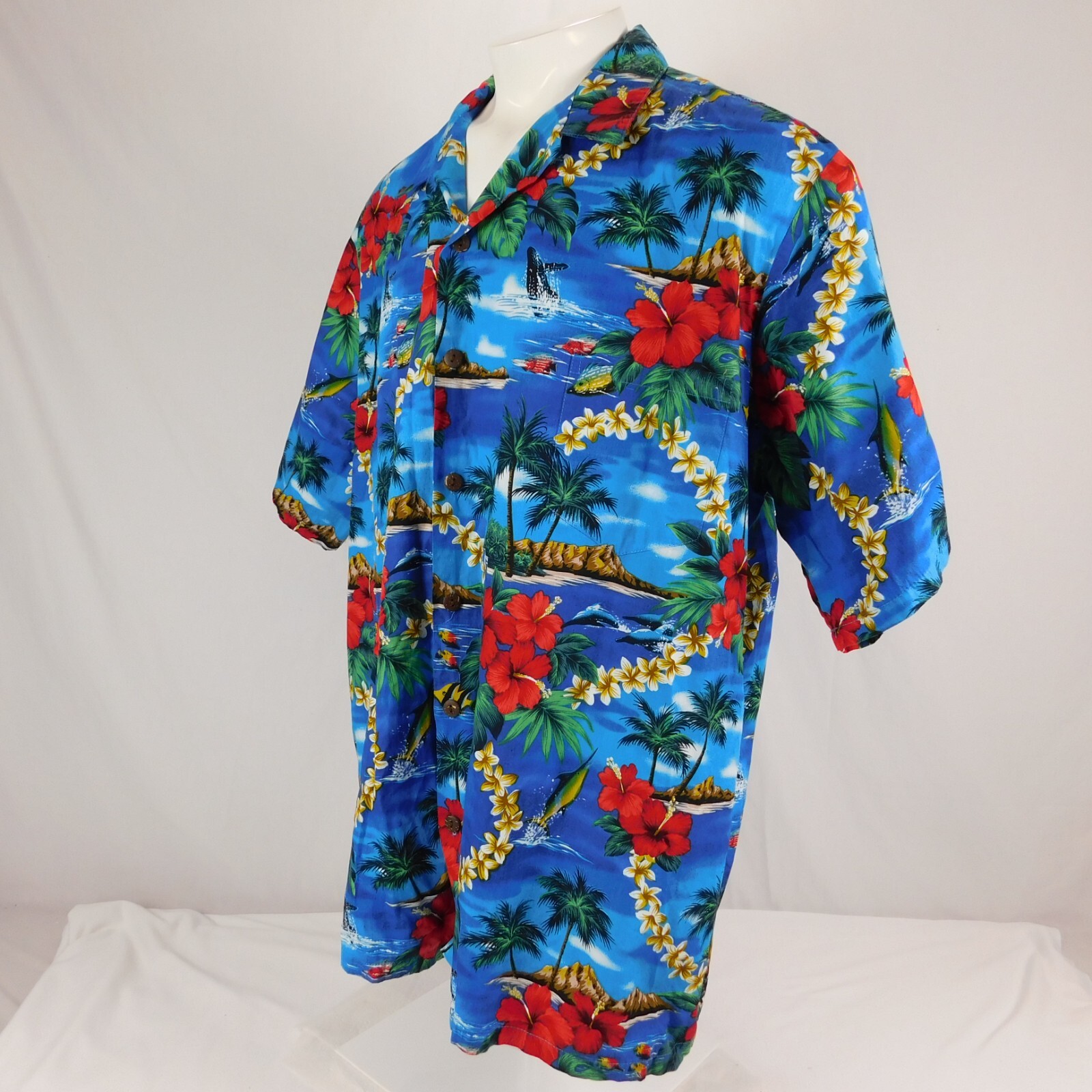 Hilo Hattie Men Blue Aloha Camp Hawaiian Shirt Floral Diamond Head Sz ...