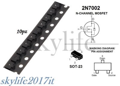10 pz MOSFET 2N7002 SMD N-channel 60V 115mA 225mW - 10 pezzi Mark 7002 ...