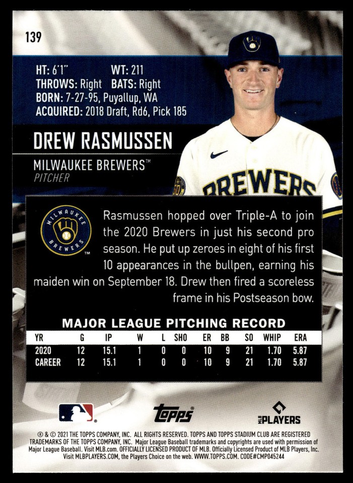 2021 Stadium Club Drew Rasmussen Rookie #139 Milwaukee Brewers 31E | eBay