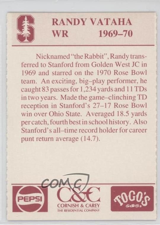 1991 Pepsi/Togo's Stanford Cardinal All Century Team Randy Vataha 0q3 ...