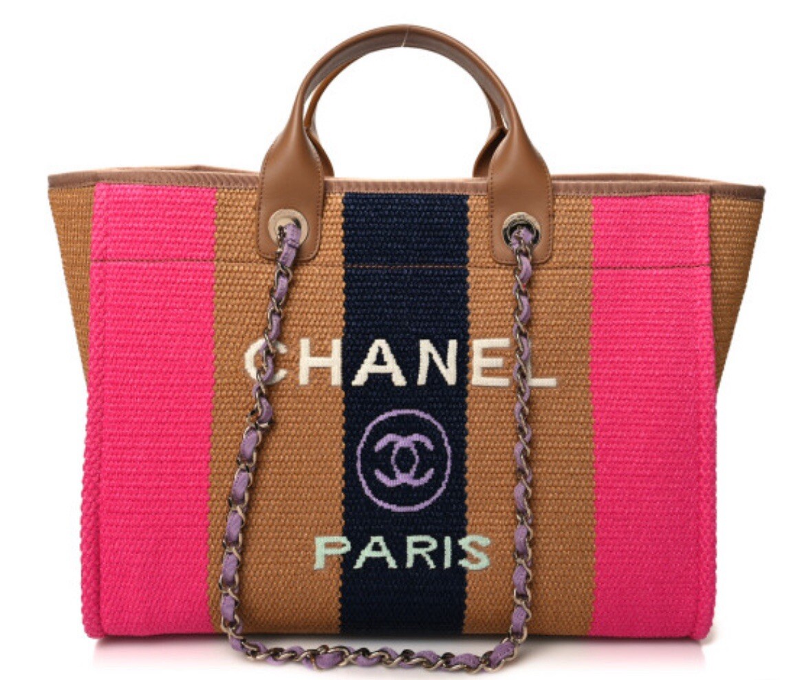 20C CHANEL Straw Raffia Calfskin Striped MEDIUM Deauv… - Gem