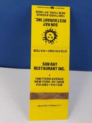 SUN RAY RESTAURANT THIRD AVE NY MATCHBOOK VINTAGE ADVERTISING COLLECTOR ...