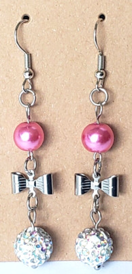 Sweet & Sparkly Pink & WHITE Dangle Drop Earrings Pave Crystal Disco ...