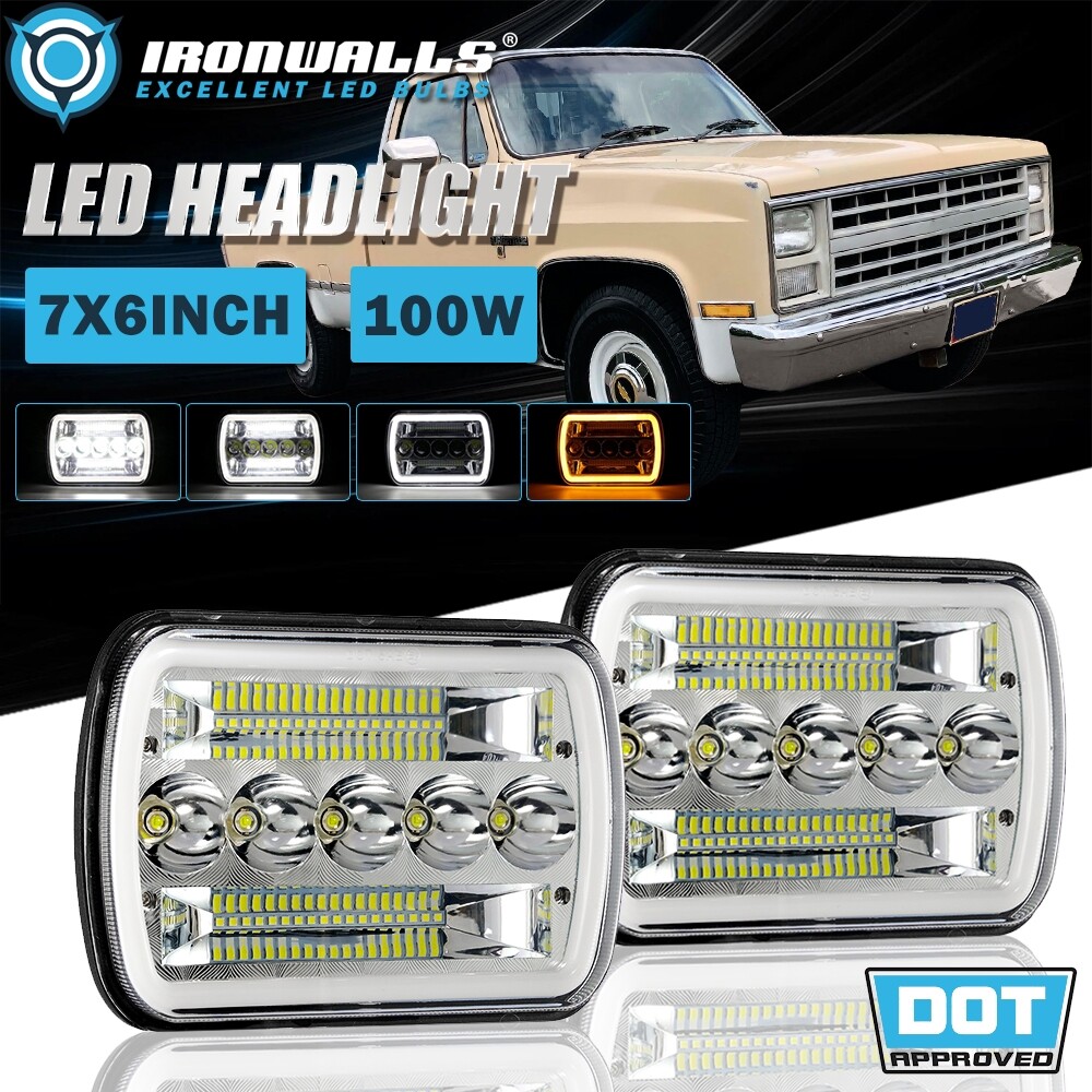 2X 7x6" LED Headlights Chrome Hi-Lo Angel Eyes For Chevrolet C10 C20 ...