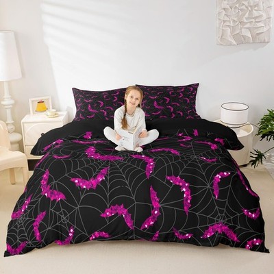 Pink Purple Bat Duvet Cover Set Queen Size,Black Spider Web Bedding Set ...