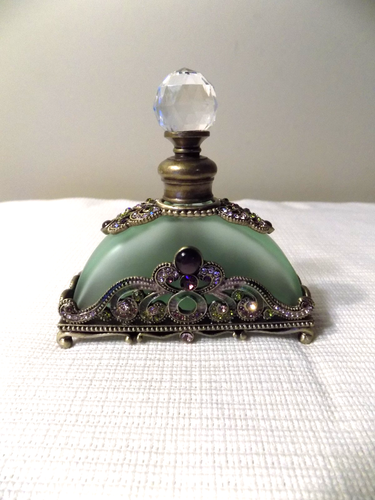 Vintage Half Moon Frosted Green Glass Rhinestone & Enamel Footed ...