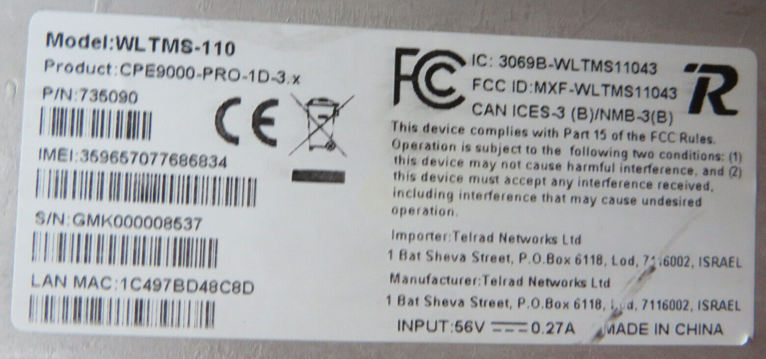 TELRAD CPE9000-PRO-1D-3.x, M#: WLTMS-110, P#: 735090, WITH PoE, MOUNT ...