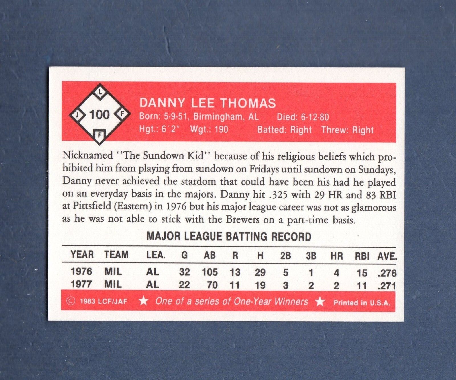 #100 DAN THOMAS, 1976-1977 Brewers | 1983 Fritsch One-Year Winners OYW ...