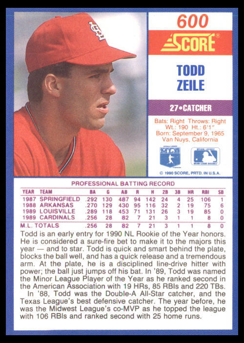 1990 Score #600 Todd Zeile St. Louis Cardinals Baseball Card | eBay