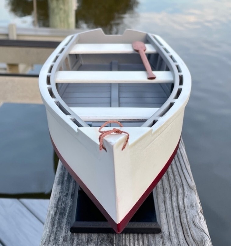WOODEN SKIFF MODEL, 17.50 INCHES LONG, WITH ANCHOR, PADDLE AND DISPLAY ...