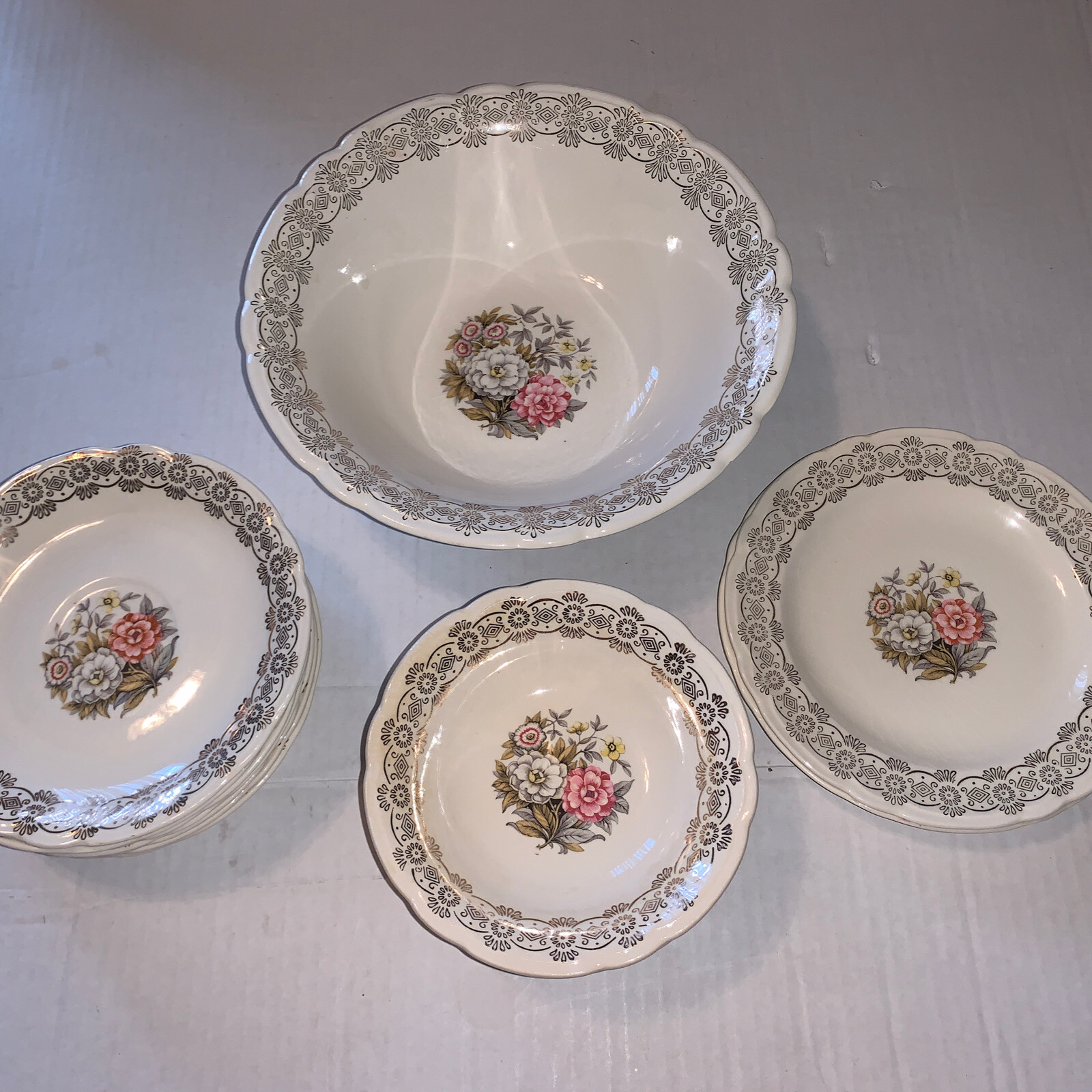 French Saxon China FSX40 22k gold rim Union Made Pink White Flowers Lot ...