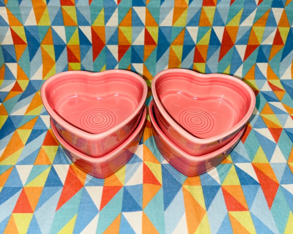 Fiestaware HEART 4 ramekins Peony Pink fiesta 7 oz small bowl dip fruit ...