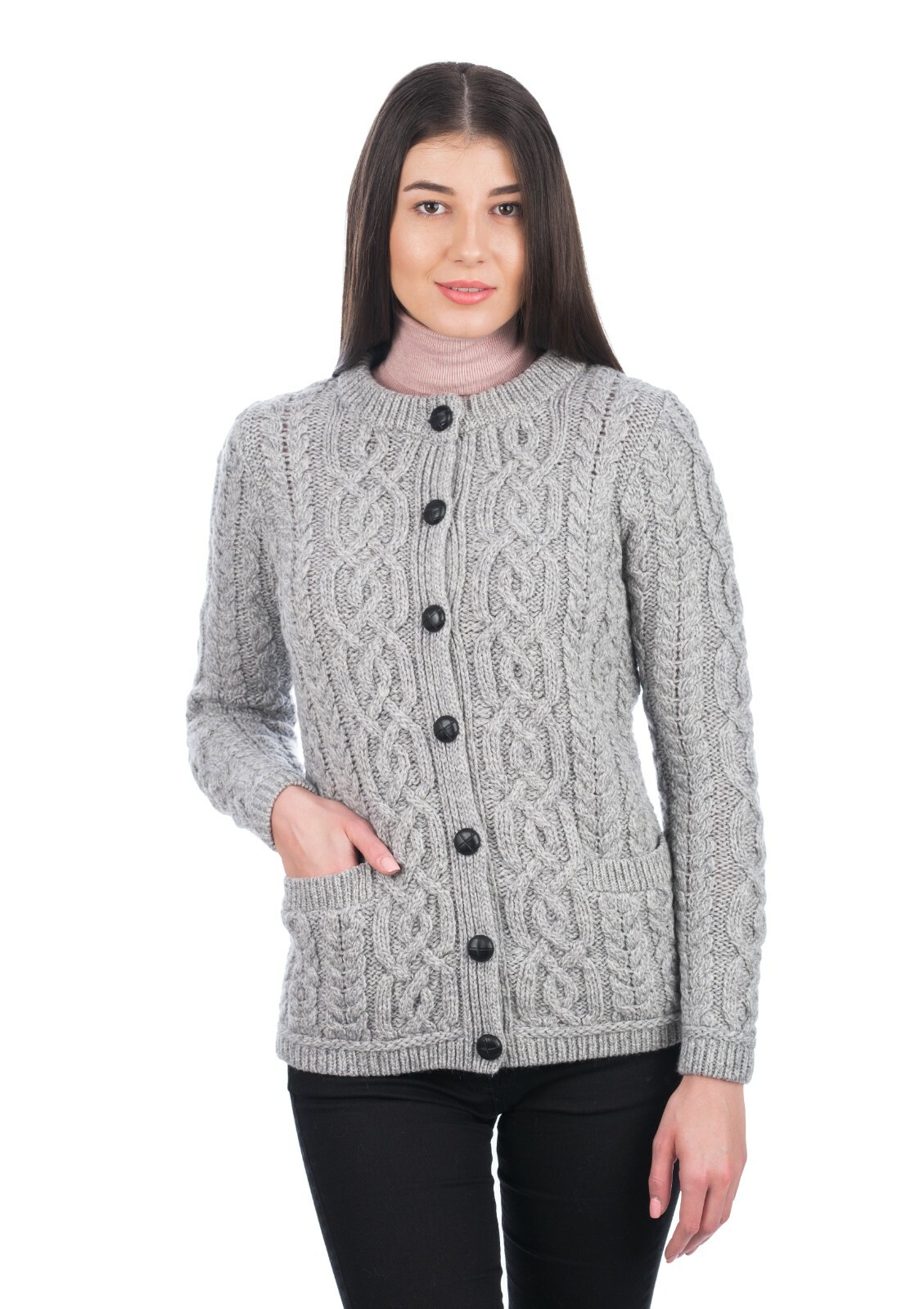 SAOL Aran Cardigan Sweater Women's 100% Merino Wool Cable Knitted ...