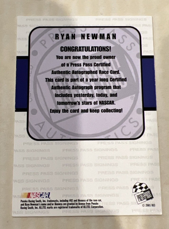 ROOKIE CARD RYAN NEWMAN 2001 Press Pass Signings AUTHENTIC AUTOGRAPH ...