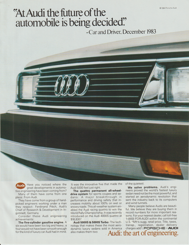 1984 Audi Porsche Print Ad 8.25"x10.75" Audi 5000 5000S Turbo | eBay