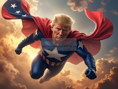 PRESIDENT DONALD TRUMP SUPERHERO FLYING THROUGH THE AIR PATRIOTIC 4X6 ...