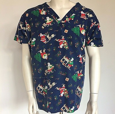Santa Claus Scrub Women's 2XL Santa Presents Workshop Tree Candy Canes ...