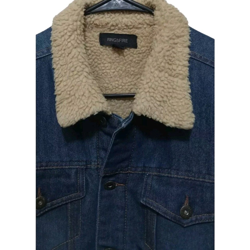 Mens Sherpa Blue Denim Jean Jacket Ring Of Fire S Trucker Cowboy ...