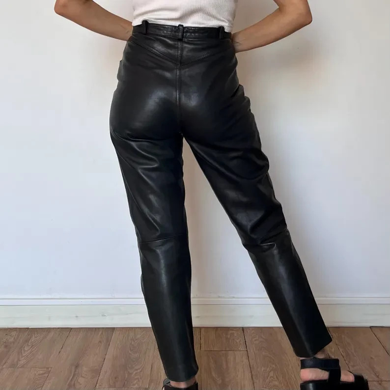 Women's Vintage Black real Leather Trousers High Waist Straight Leg ...