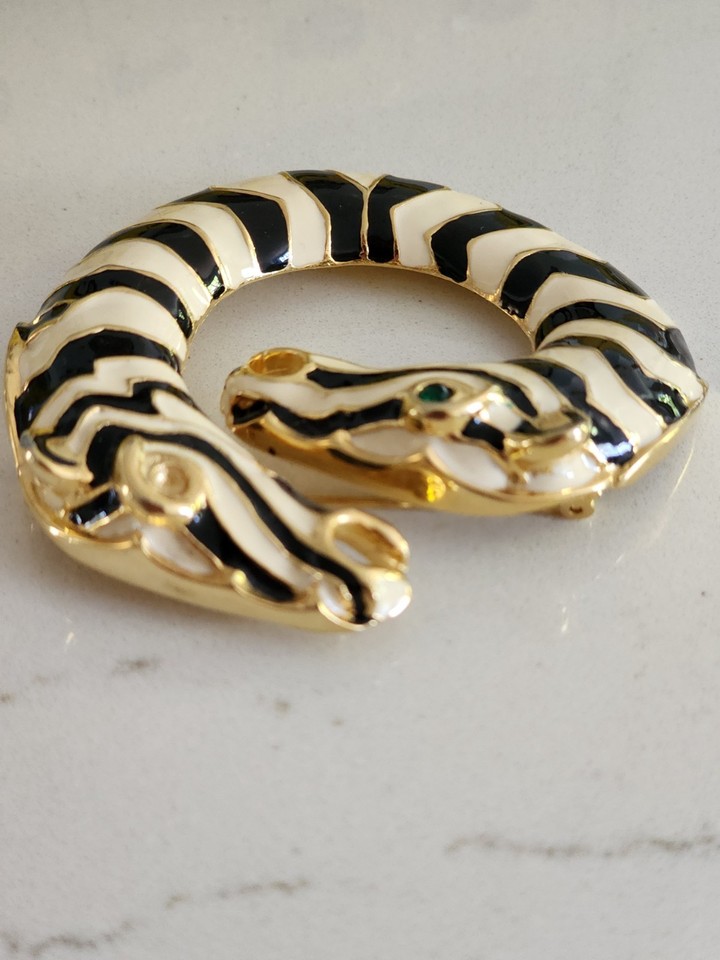 Vtg Double Head Zebra Brooch Green Eye Gold Black Enamel Kenneth J Lane ...