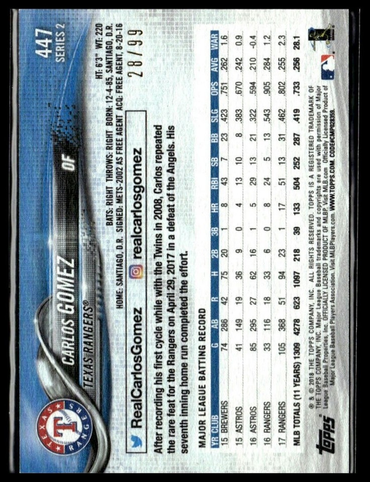 2018 Topps 447 Carlos Gomez Texas Rangers Vintage Stock 28/99 Baseball ...