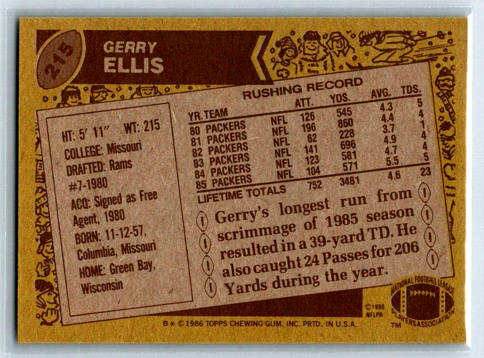 1986 NFL Topps Gerry Ellis #215 Green Bay Packers 86-TFBC | eBay