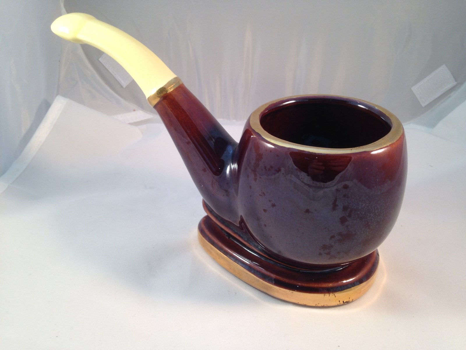 Shafer USA Smoking Pipe Bowl Brown Pottery 23K Gold Trim Planter Vase ...