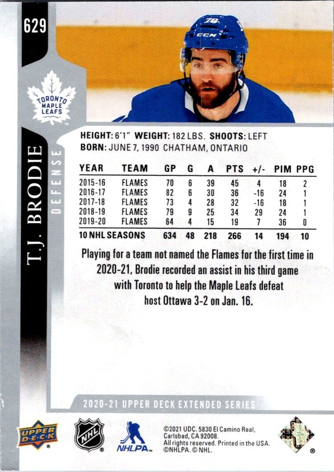 2020-21 Upper Deck T.J. Brodie #629 Toronto Maple Leafs | eBay