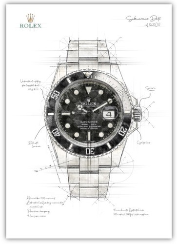 Rolex Submariner technical drawing illustration artwork - 9 Models ...