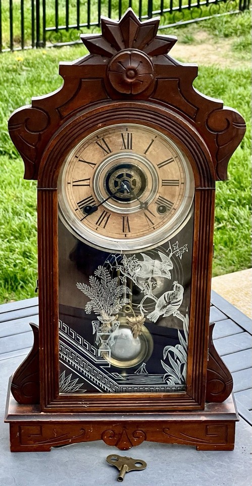 ANTIQUE VICTORIAN PARLOR 21" GILBERT MANTLE SHELF WIND UP CLOCK ...