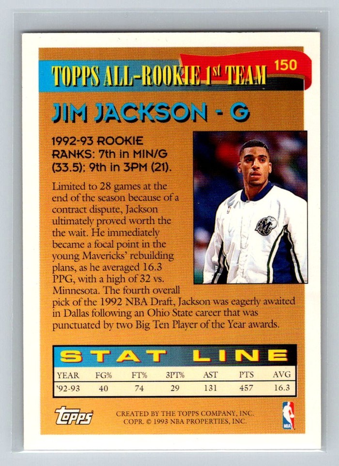 1993-94 Topps All-Rookie #150 Jim Jackson Dallas Mavericks Basketball ...