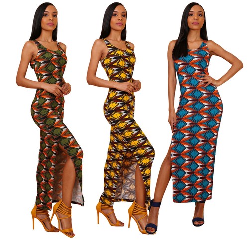 Long Dress Women Ethnic Pattern Stretchy Colorful Sleeveless 17187 | eBay