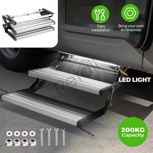 Double Caravan Step Black Pull Out Folding Aluminium Off Road RV Camper ...