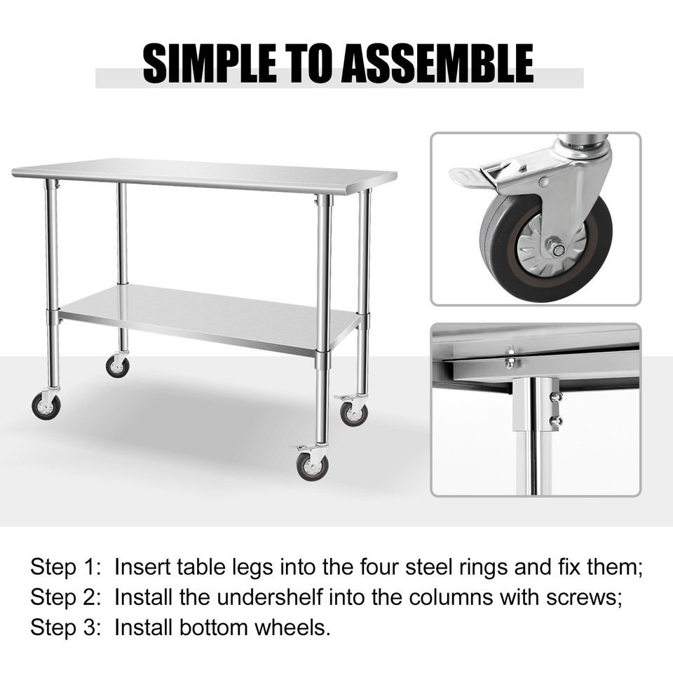 30/36/48" Food Prep Table w/ Casters Stainless Steel for Commercial ...