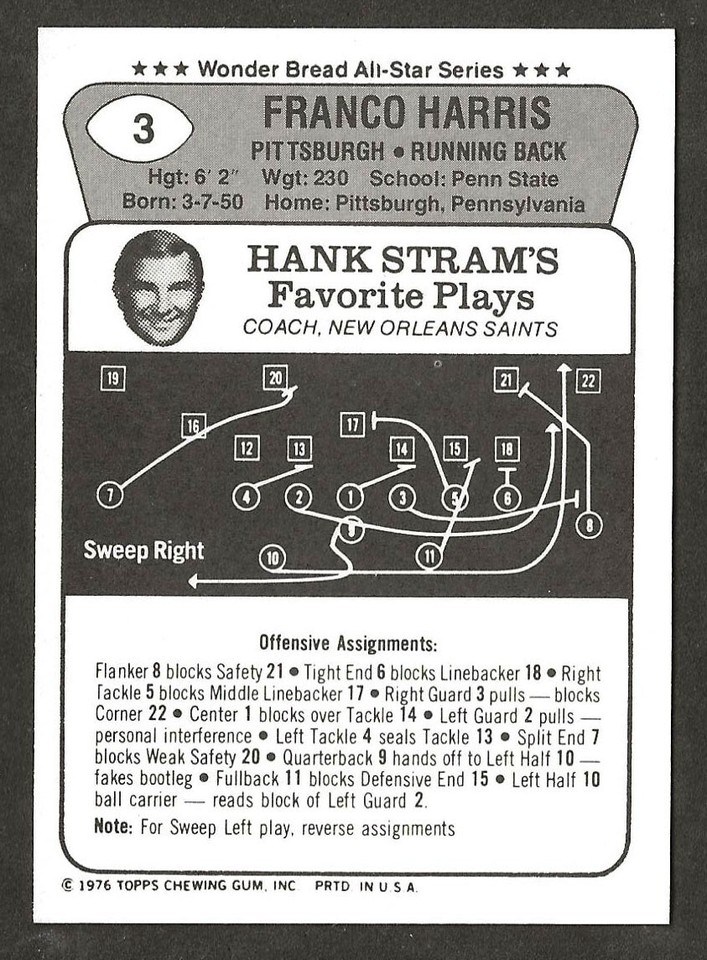 1976 Topps Wonder Bread #3 FRANCO HARRIS Pittsburgh Steelers FLAWLESS ...
