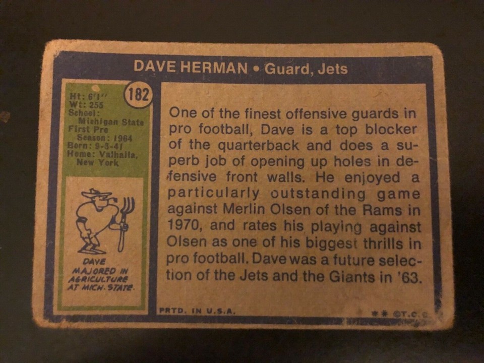 1972 Topps Jets Dave Herman Football Card #182 | eBay