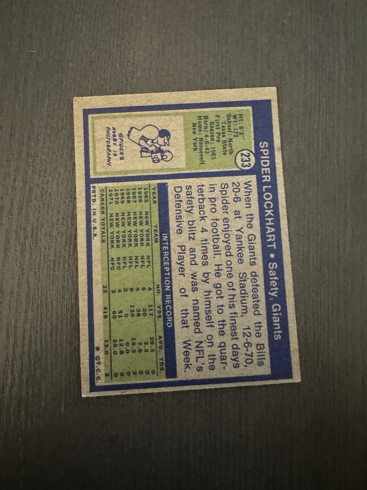 1972 Topps #233 Carl SPIDER LOCKHART New York Giants Football Card | eBay