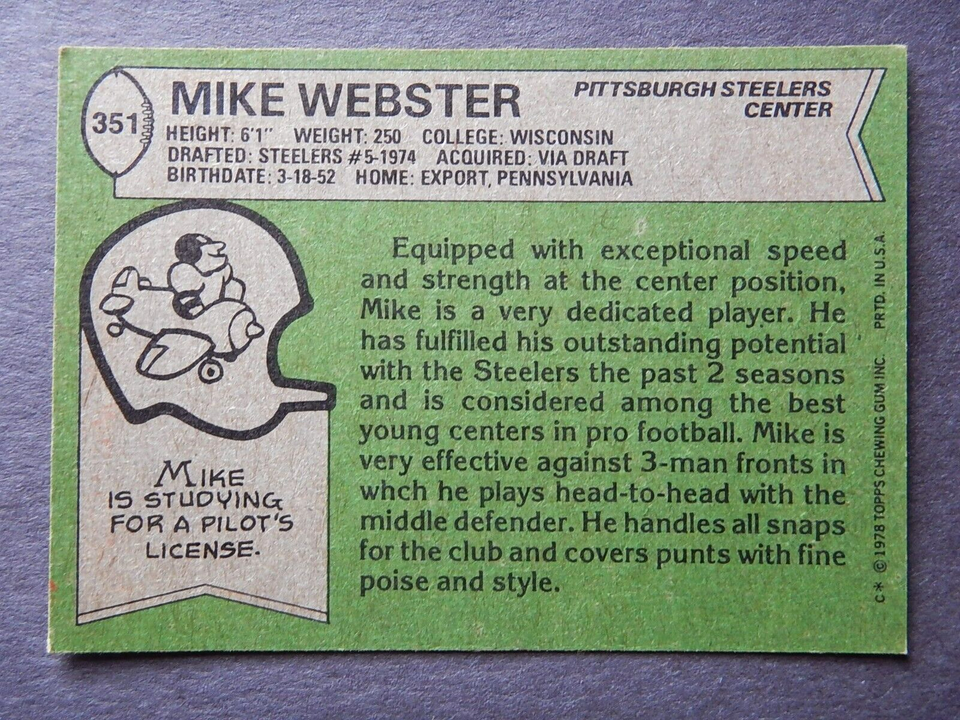 Mike Webster #351 Topps 1978 Football Card (Pittsburgh Steelers) VG | eBay