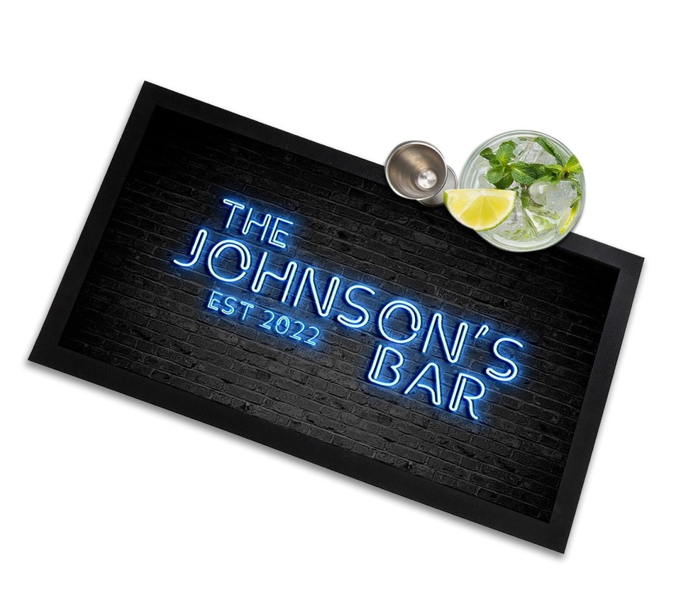 Personalised Bar Runner mat - Blue Neon effect Cocktail Bar runner Beer ...