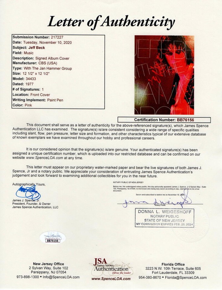 Jeff Beck Signed Autograph Album Vinyl Record with the Jan Hammer Group ...