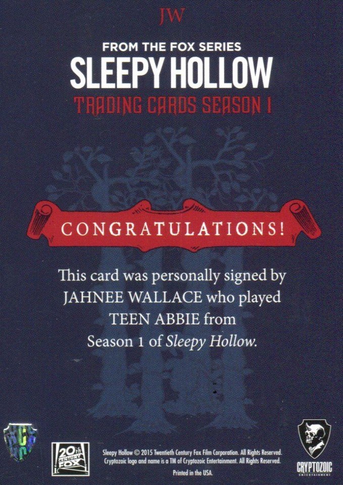 Sleepy Hollow Season One Jahnee Wallace as Teen Abbie JW Autograph Card ...