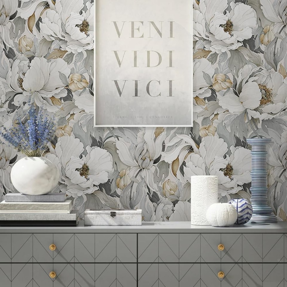 White Poppies Floral Modern Grey Peonies Flowers Peel and Stick ...