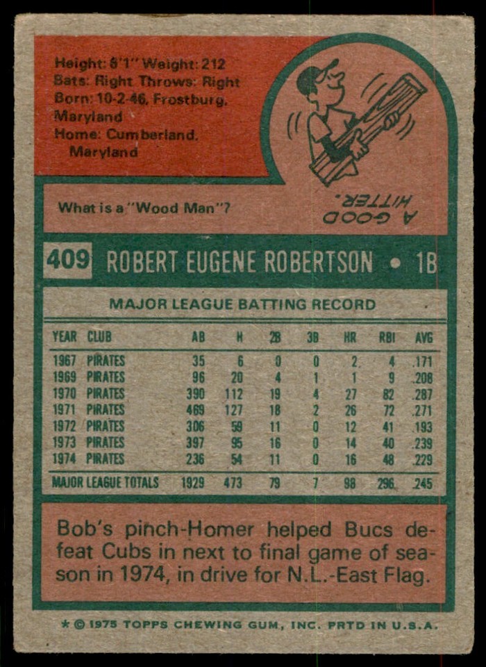 1975 Topps Baseball Card Bob Robertson A Pittsburgh Pirates #409 | eBay