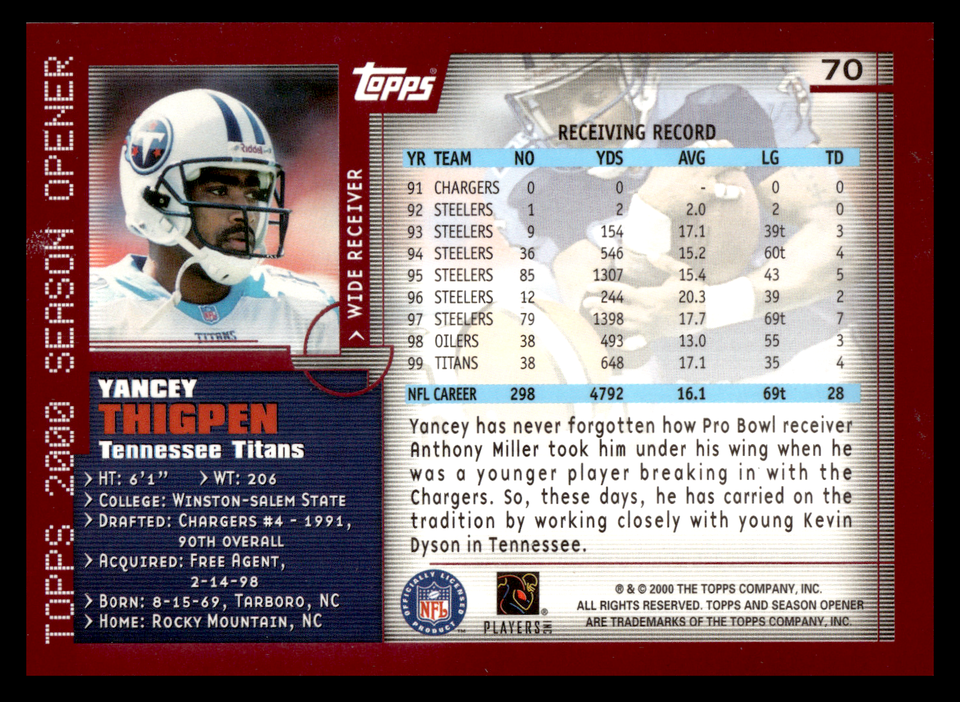 2000 Topps Season Opener Yancey Thigpen #70 NFL Football Base Set | eBay
